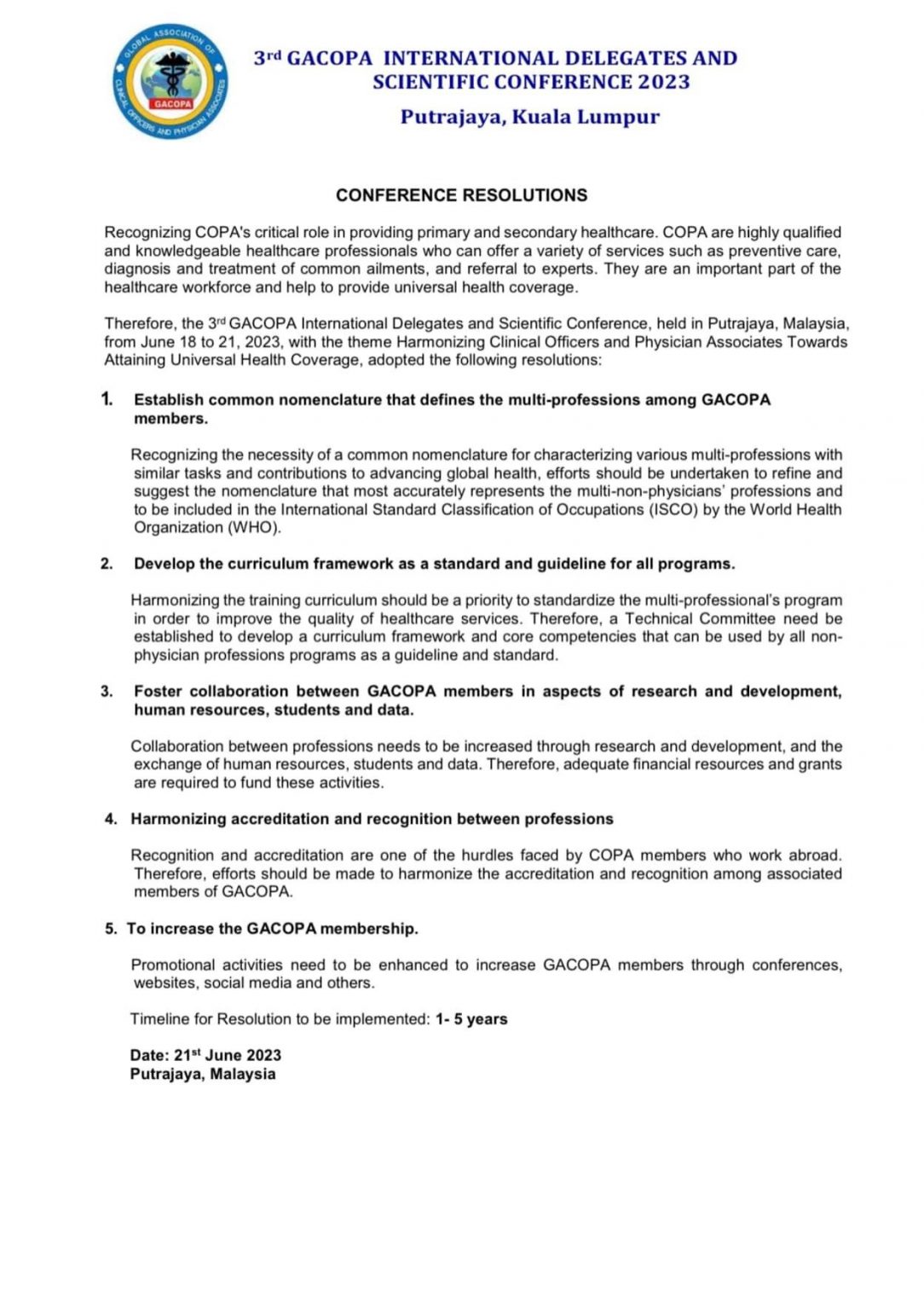GACOPA Conference Resolutions | Persatuan Pembantu Perubatan Malaysia